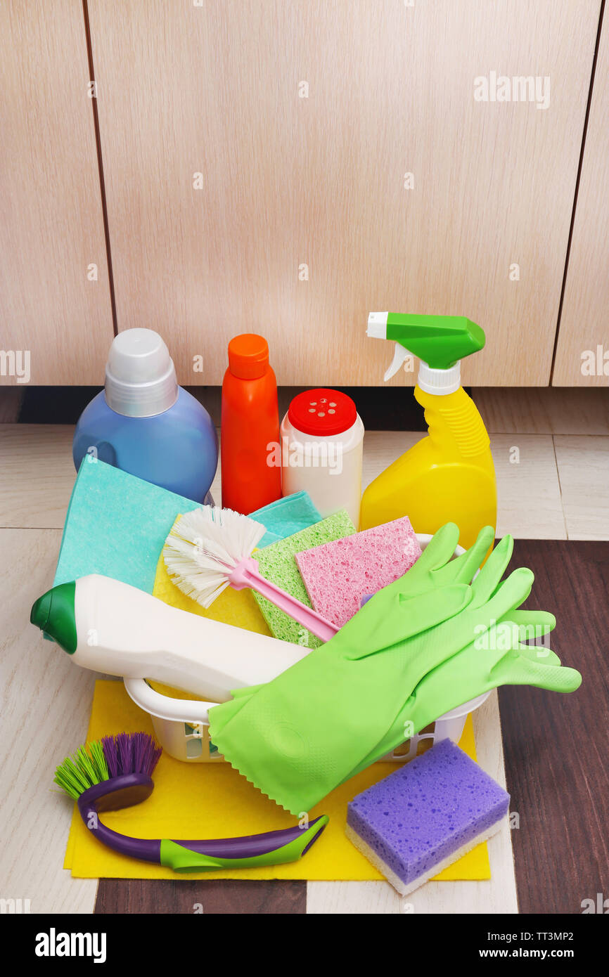 Collection of cleaning products and tools Stock Photo - Alamy