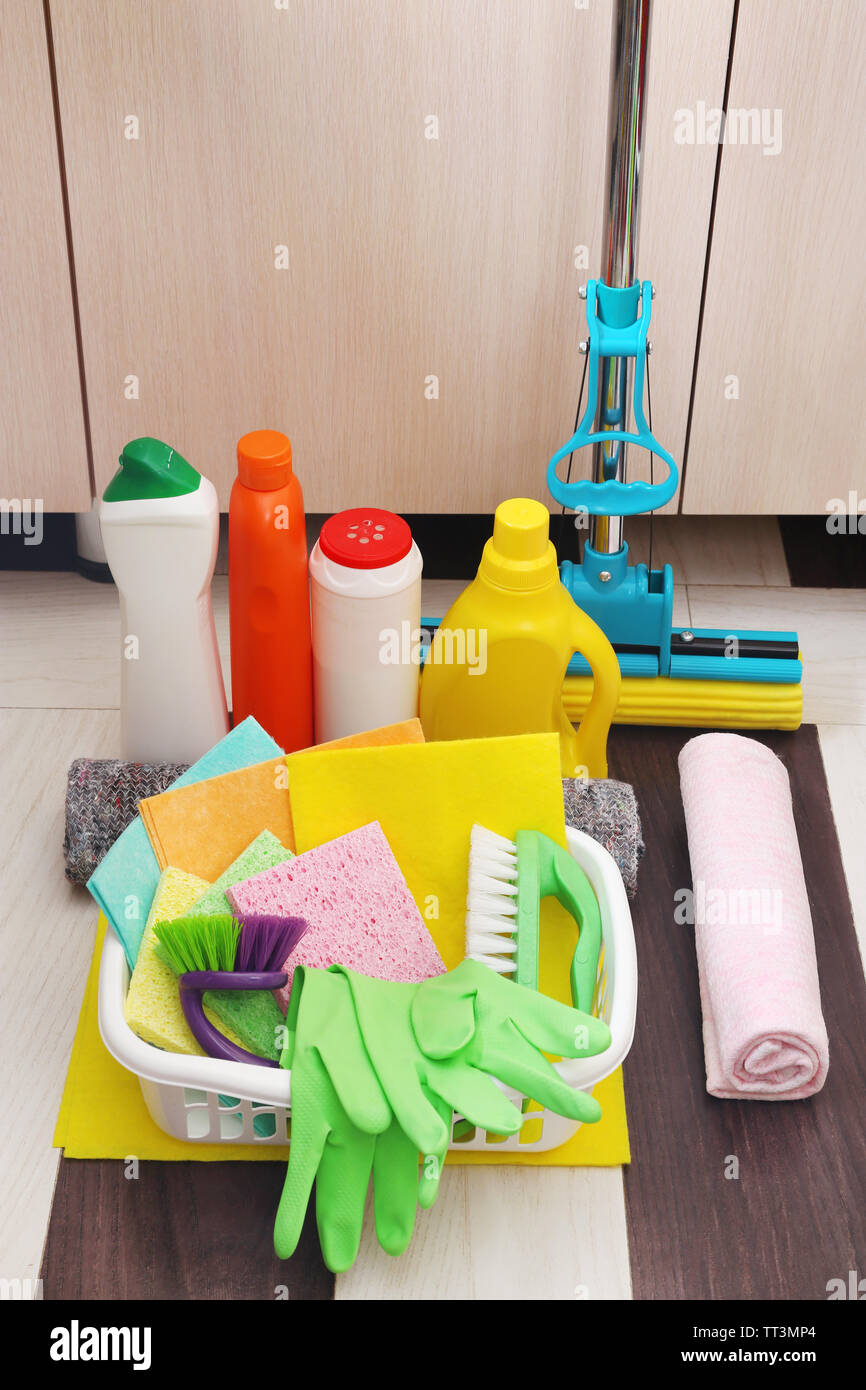 Collection of cleaning products and tools Stock Photo - Alamy