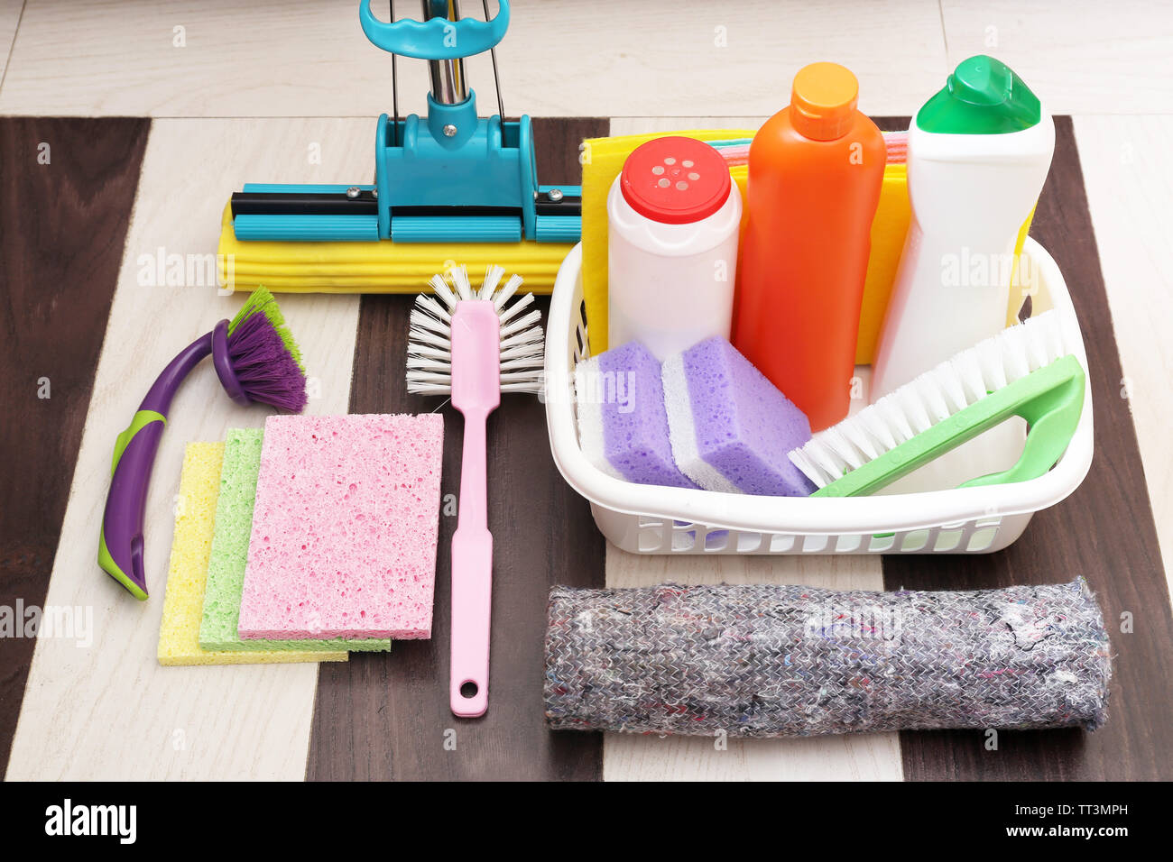 Collection of cleaning products and tools Stock Photo - Alamy
