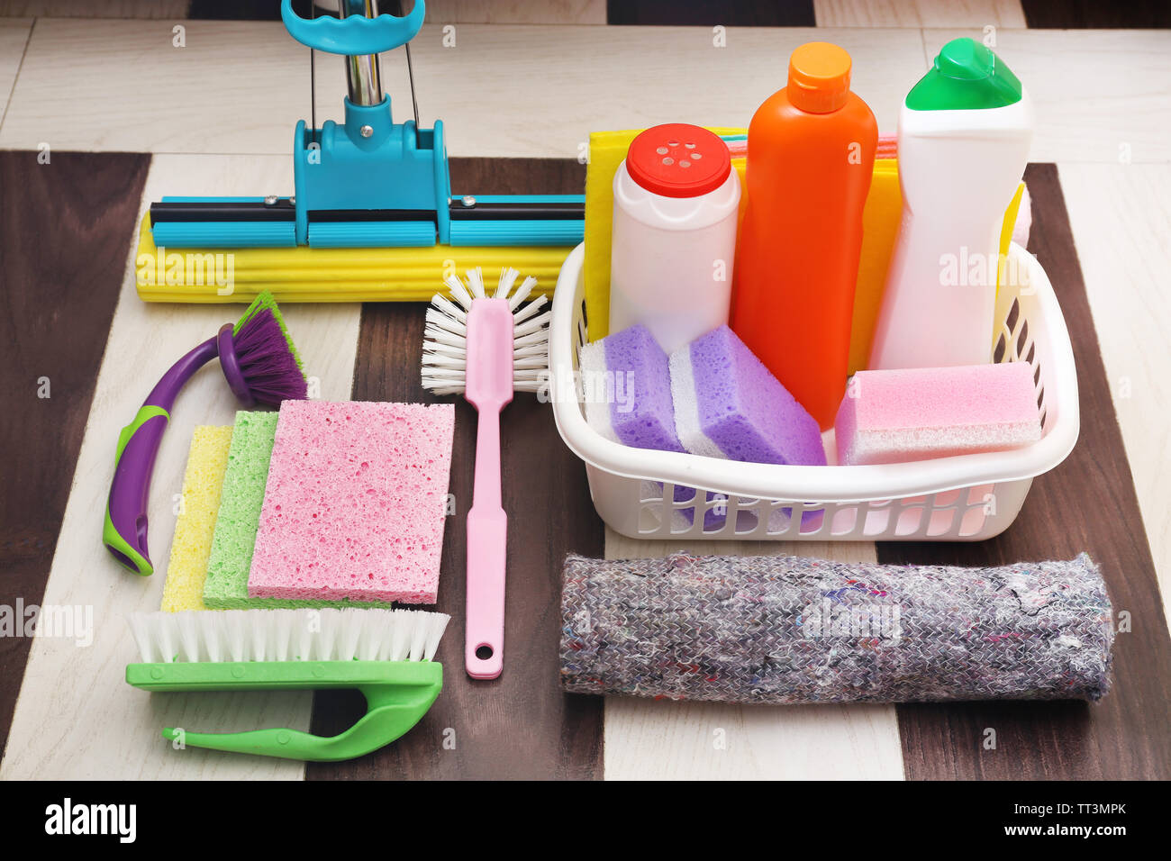 Collection of cleaning products and tools Stock Photo - Alamy