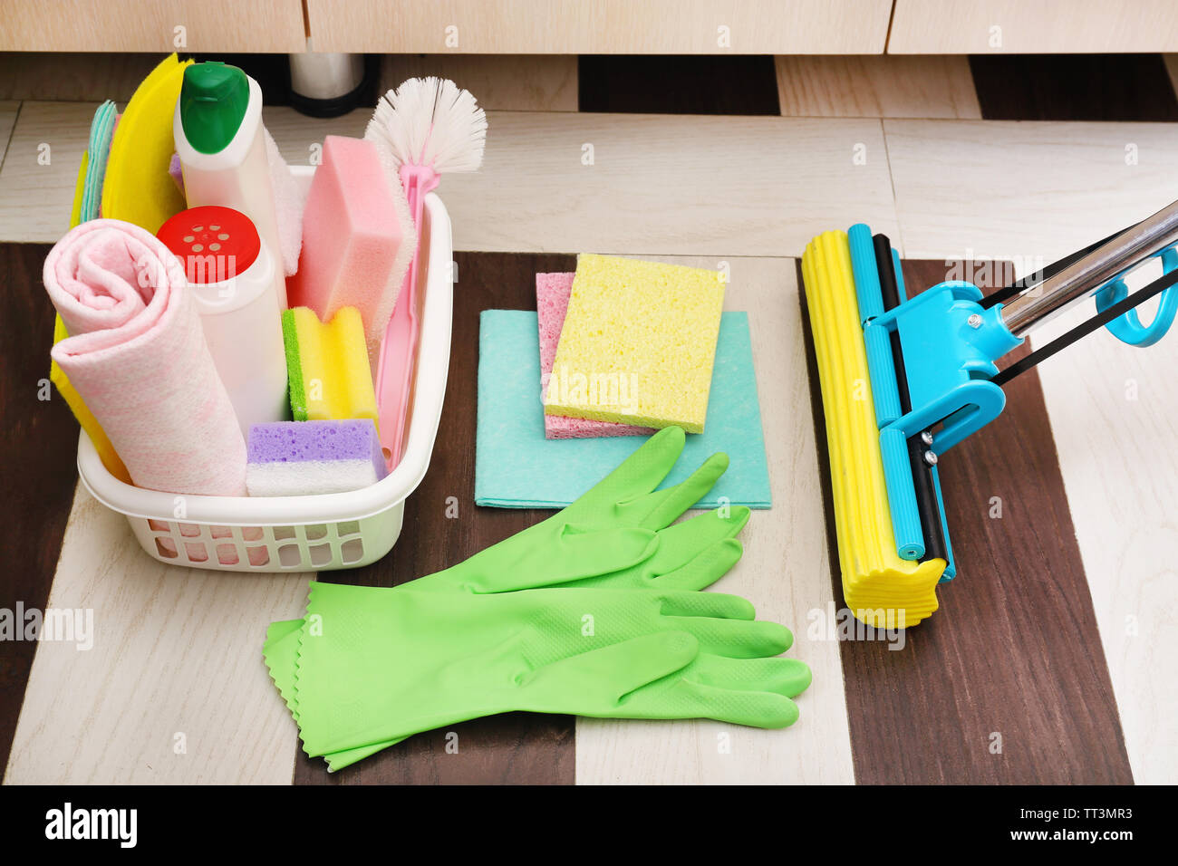 Collection of cleaning products and tools Stock Photo - Alamy