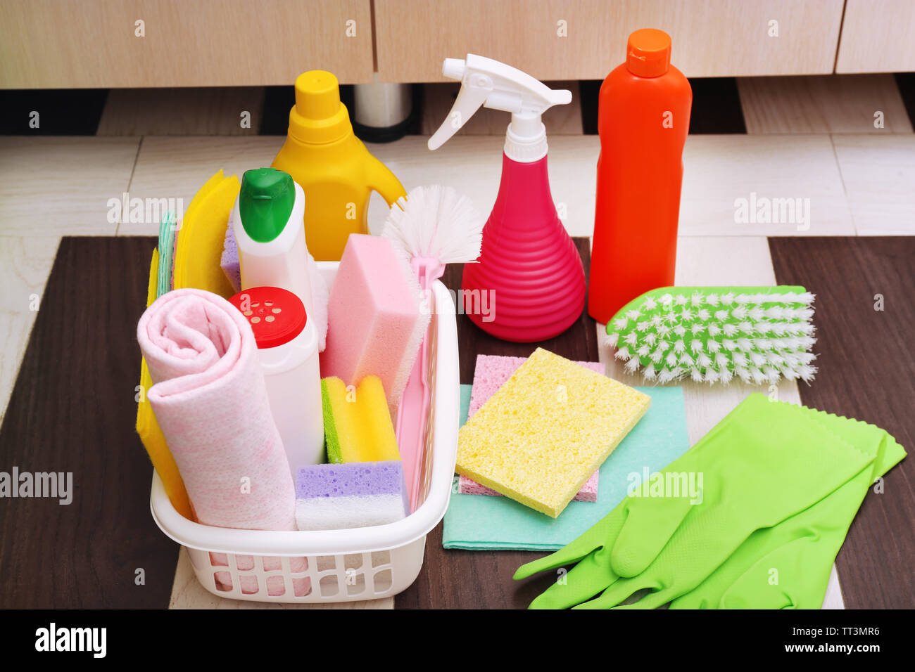 Collection of cleaning products and tools Stock Photo - Alamy