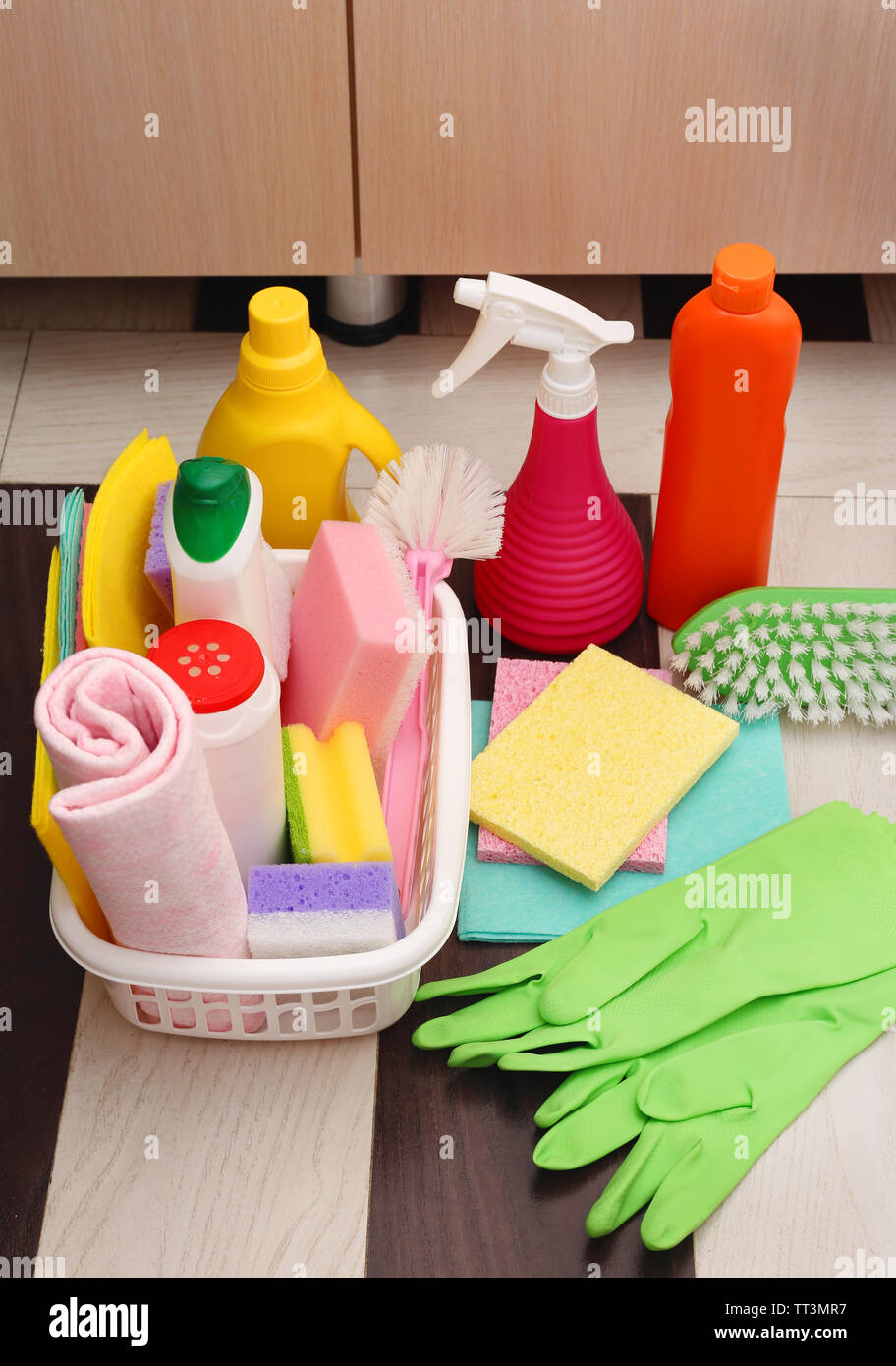 Collection of cleaning products and tools Stock Photo - Alamy