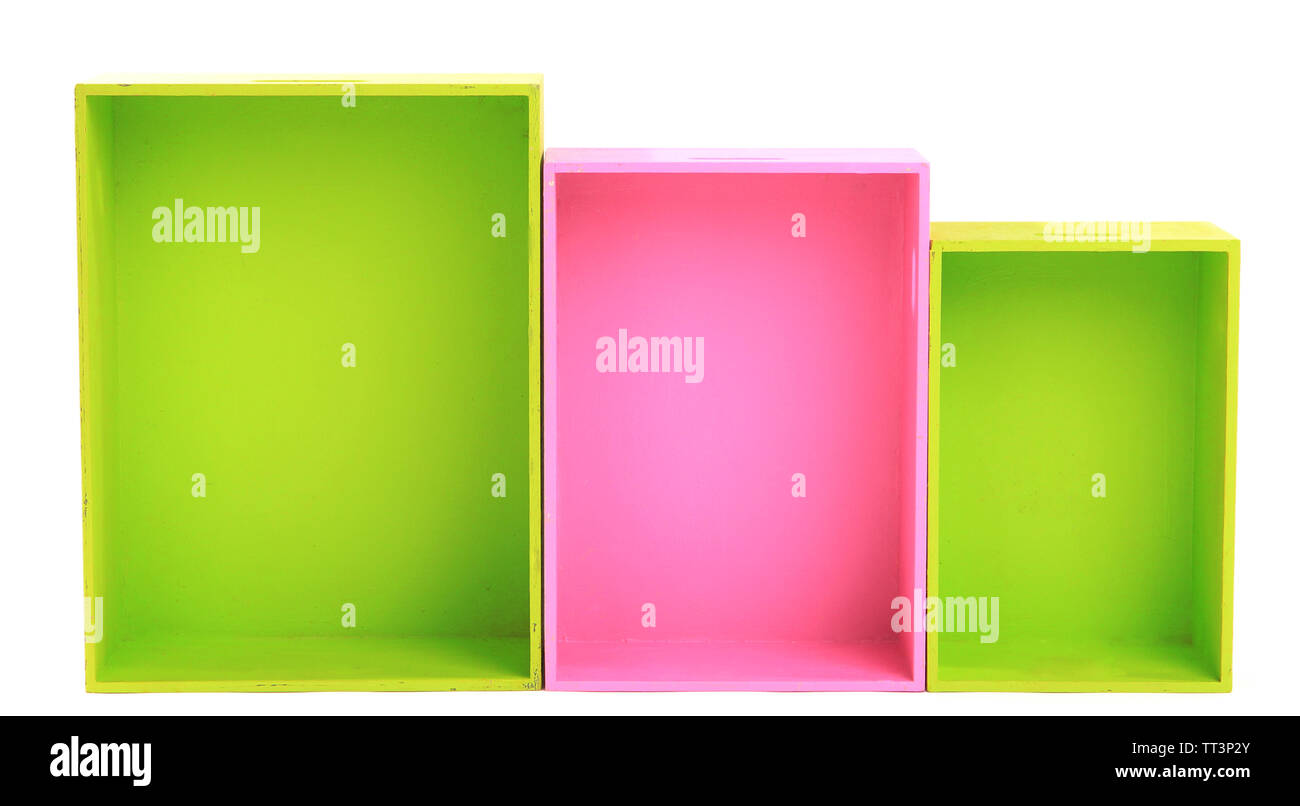 Multicoloured wooden boxes on white background isolated Stock Photo - Alamy