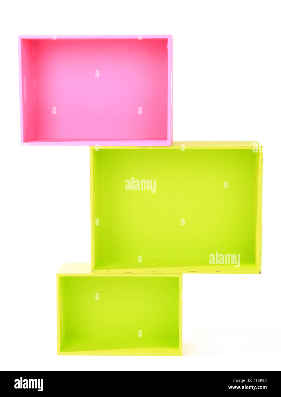 Multicoloured wooden boxes on white background isolated Stock Photo - Alamy