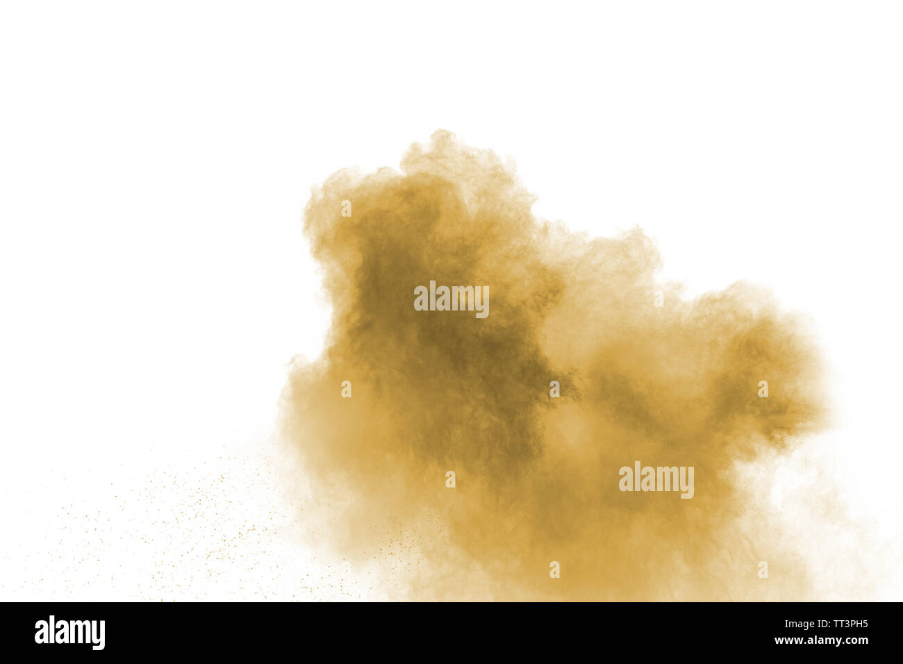 Abstract deep brown dust explosion on white background. Freeze motion ...