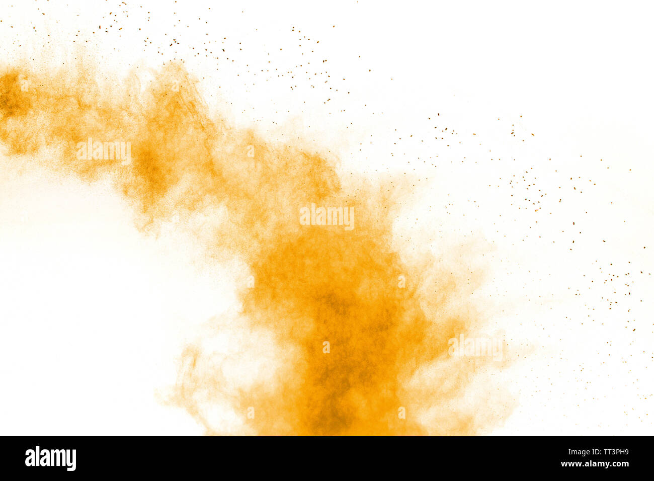 Abstract orange powder explosion on white background.Freeze motion of ...