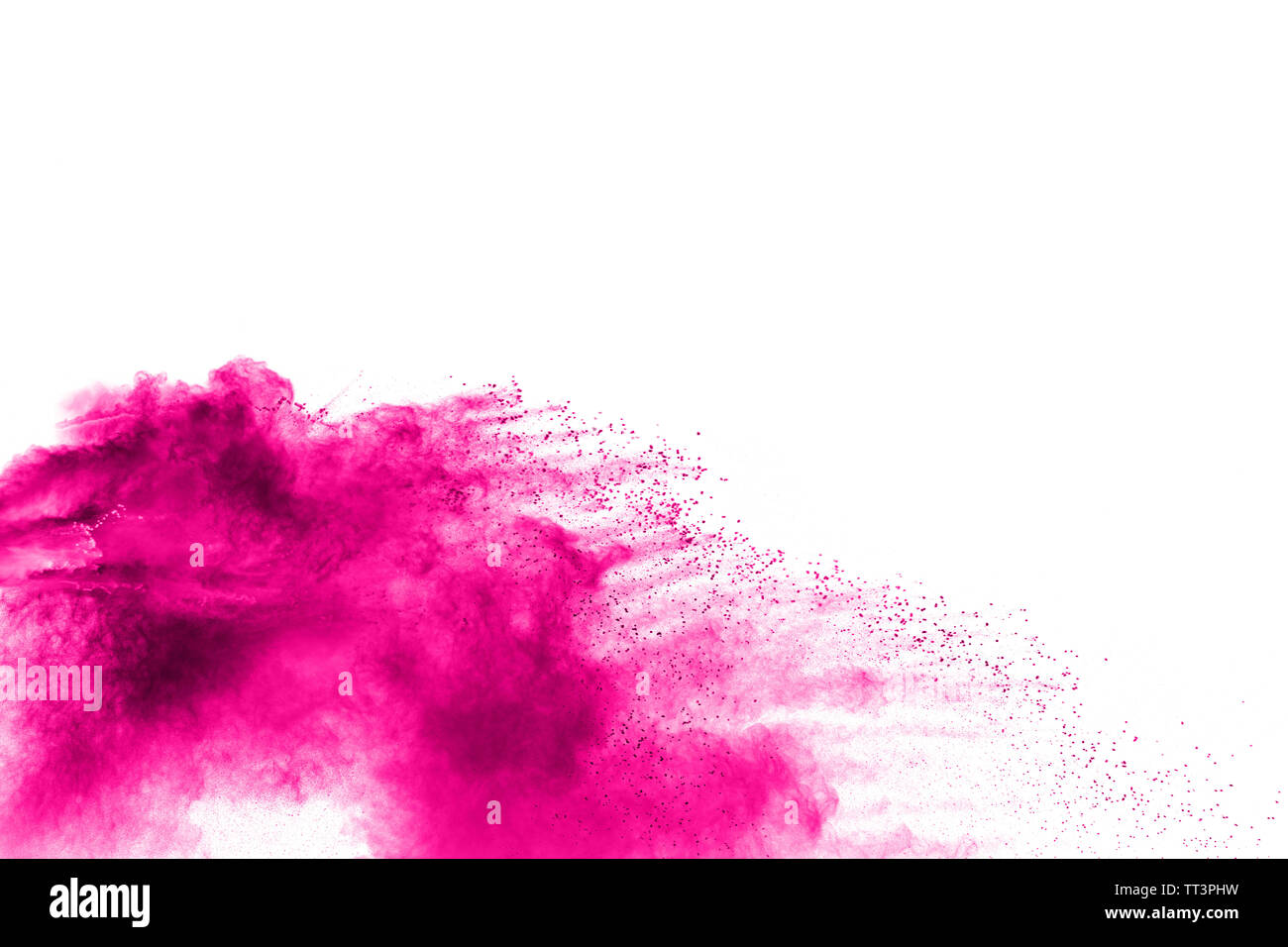 Pink powder explosion on white background.Pink dust particles splash ...