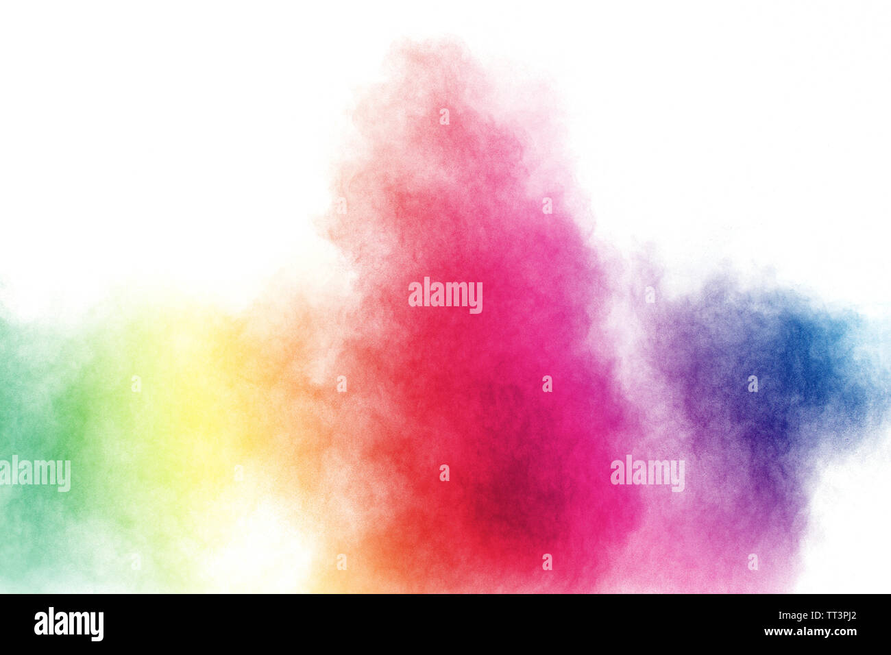 Abstract multicolored powder explosion on white background. Freeze ...