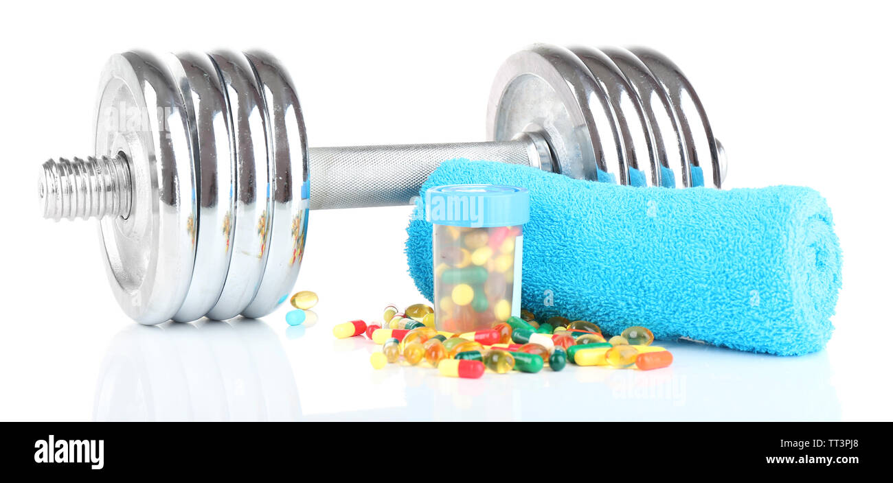 Dumbbell and colorful pills, tablets, isolated on white Stock Photo - Alamy