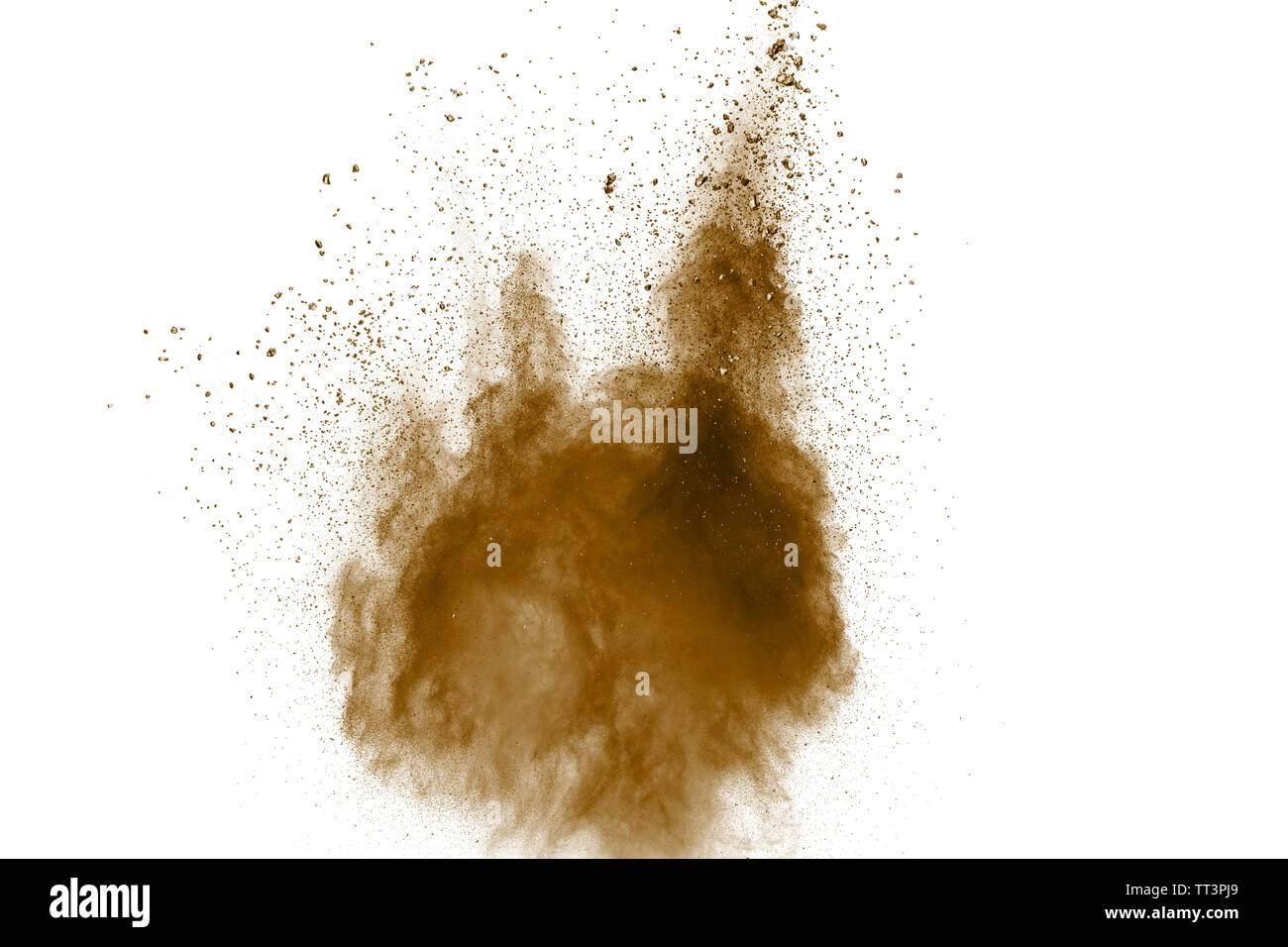 Abstract deep brown dust explosion on white background. Freeze motion ...