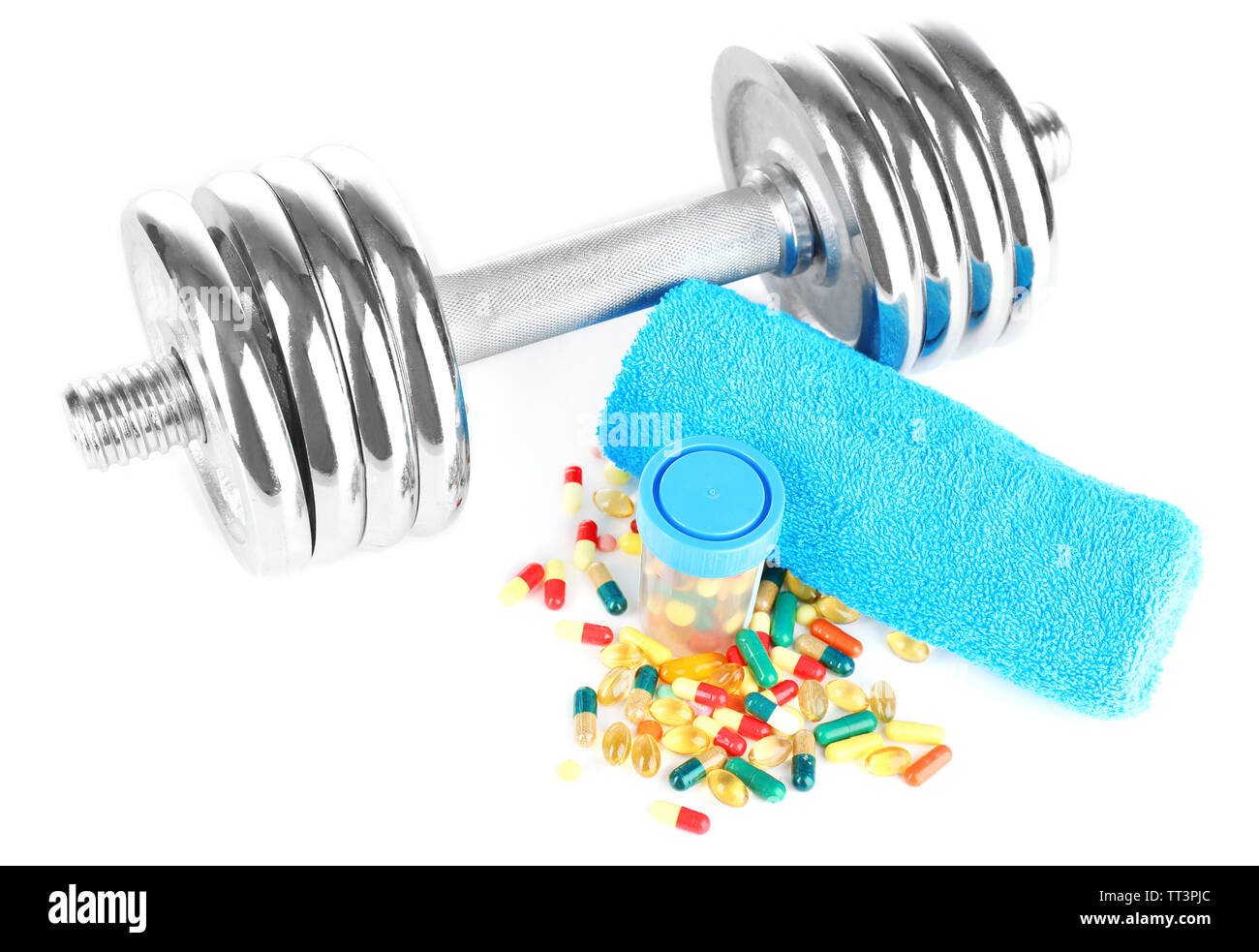 Dumbbell and colorful pills, tablets, isolated on white Stock Photo - Alamy
