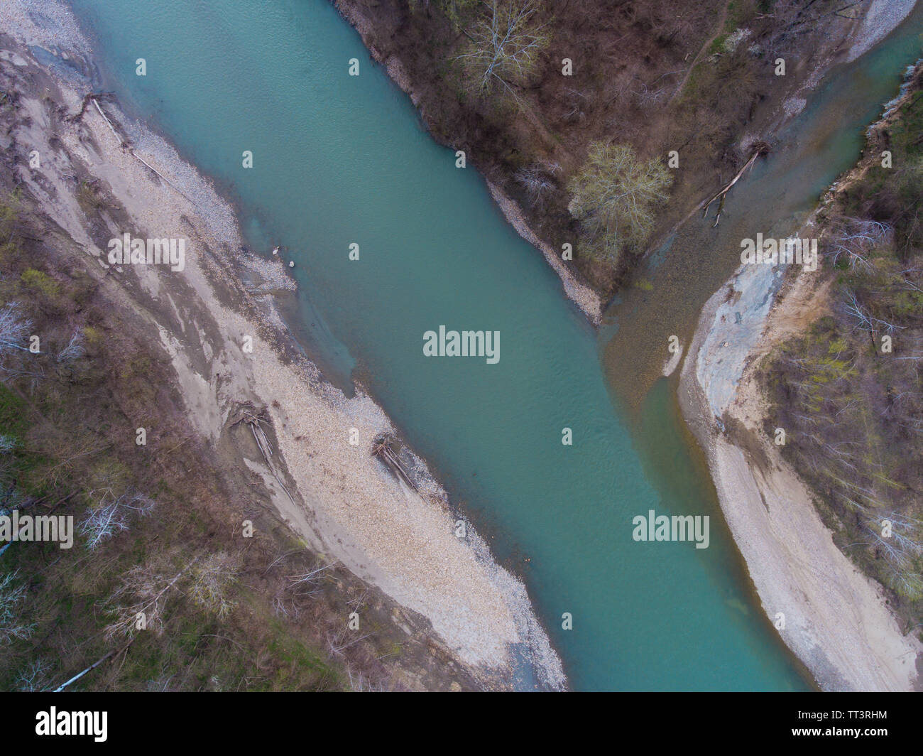 The confluence of two rivers. Top view of slanie rivers Pshekha and ...