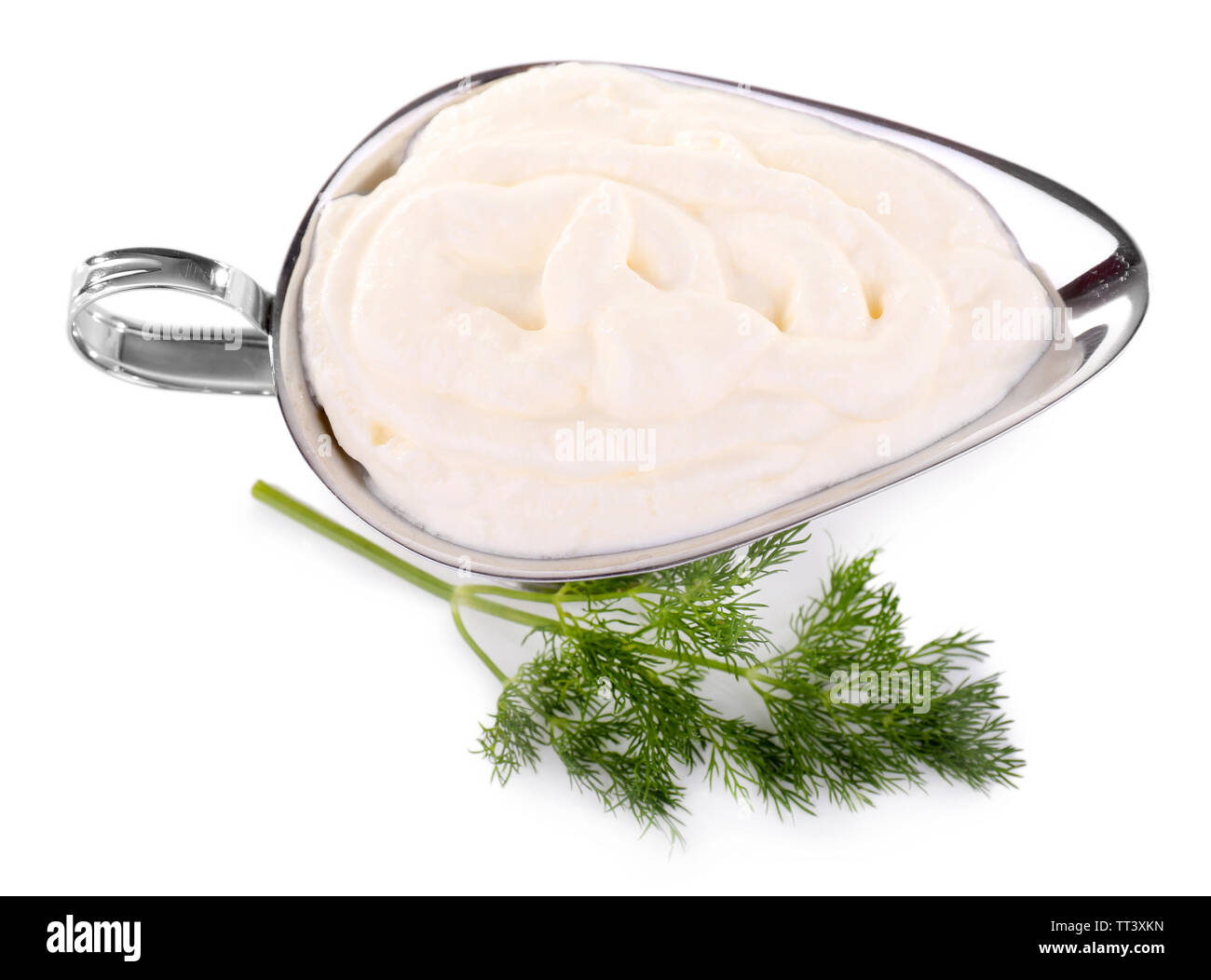 Metal cream bowl with parsley on white background isolated Stock Photo ...