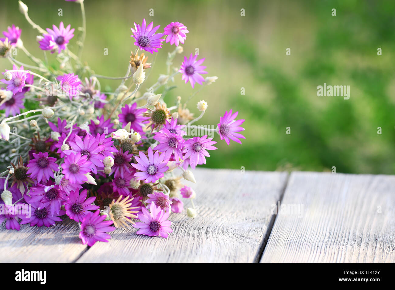 Beautiful wild flowers on table on bright background Stock Photo - Alamy