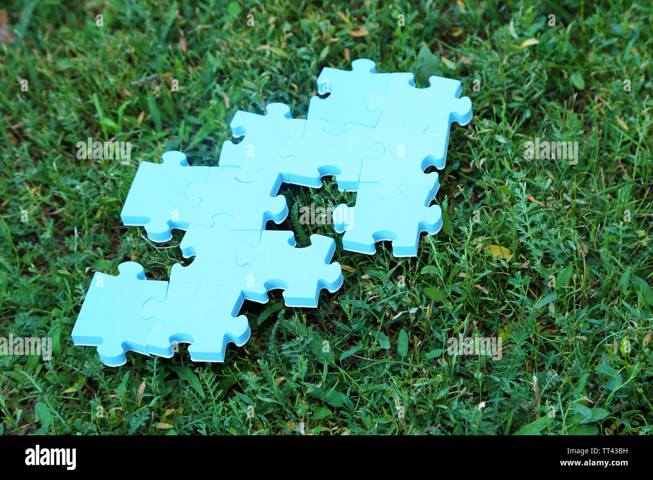 Puzzle pieces on green grass background. Green space concept Stock ...