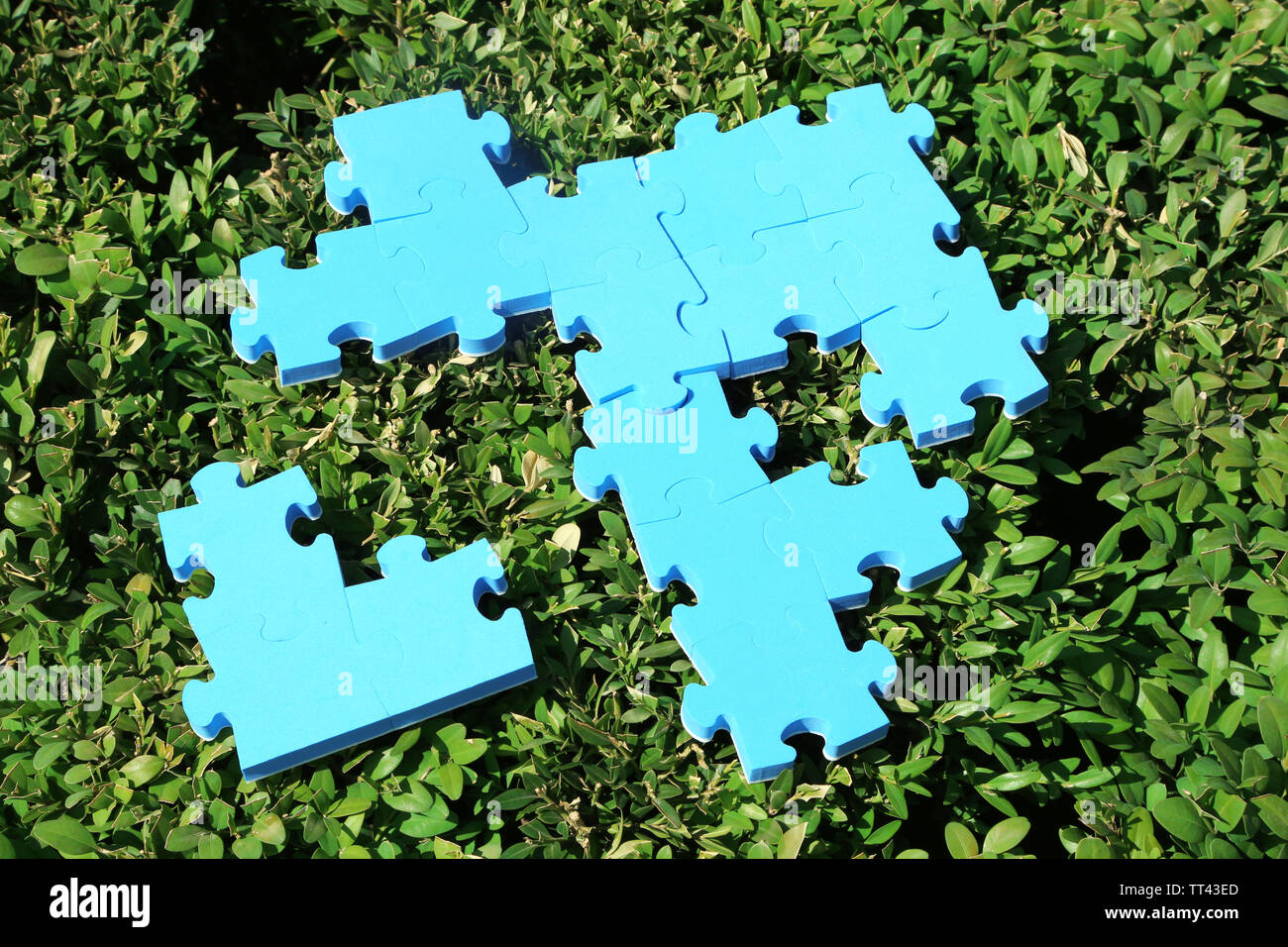 Puzzle pieces on green grass background. Green space concept Stock ...