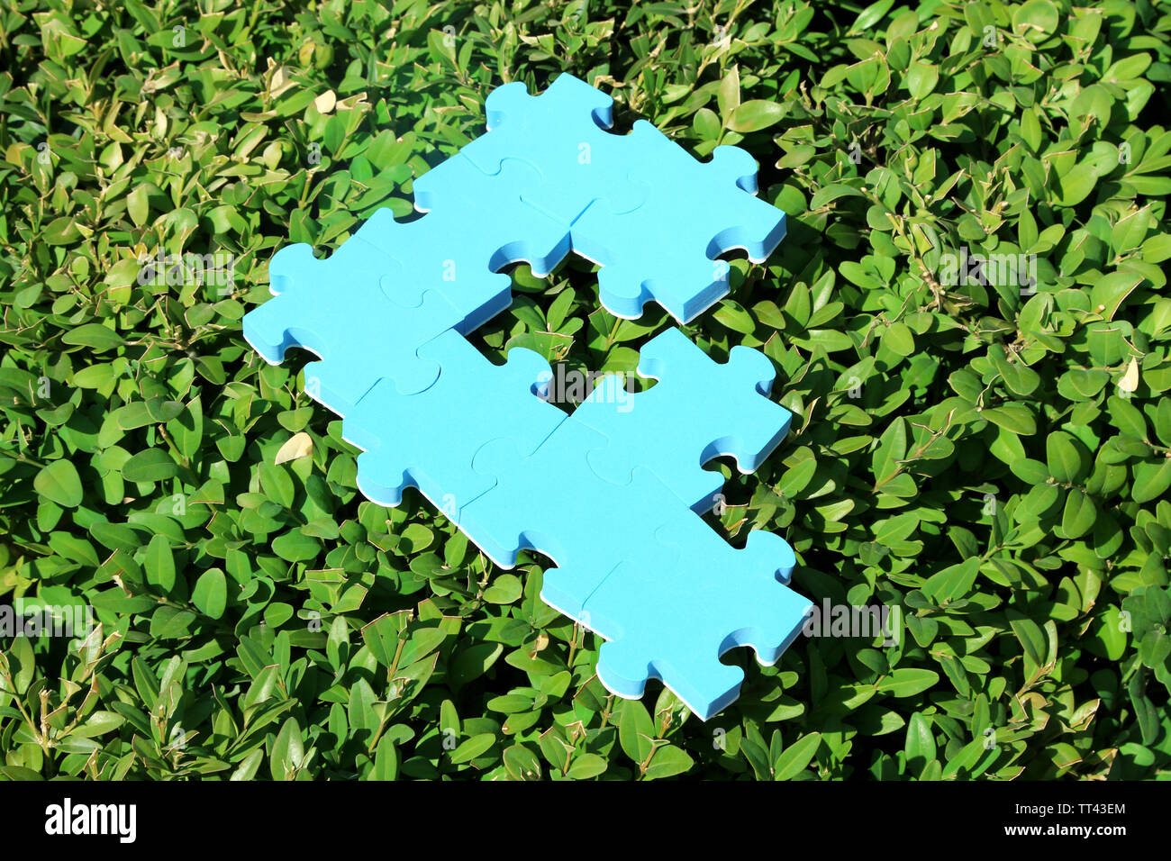 Puzzle pieces on green grass background. Green space concept Stock ...