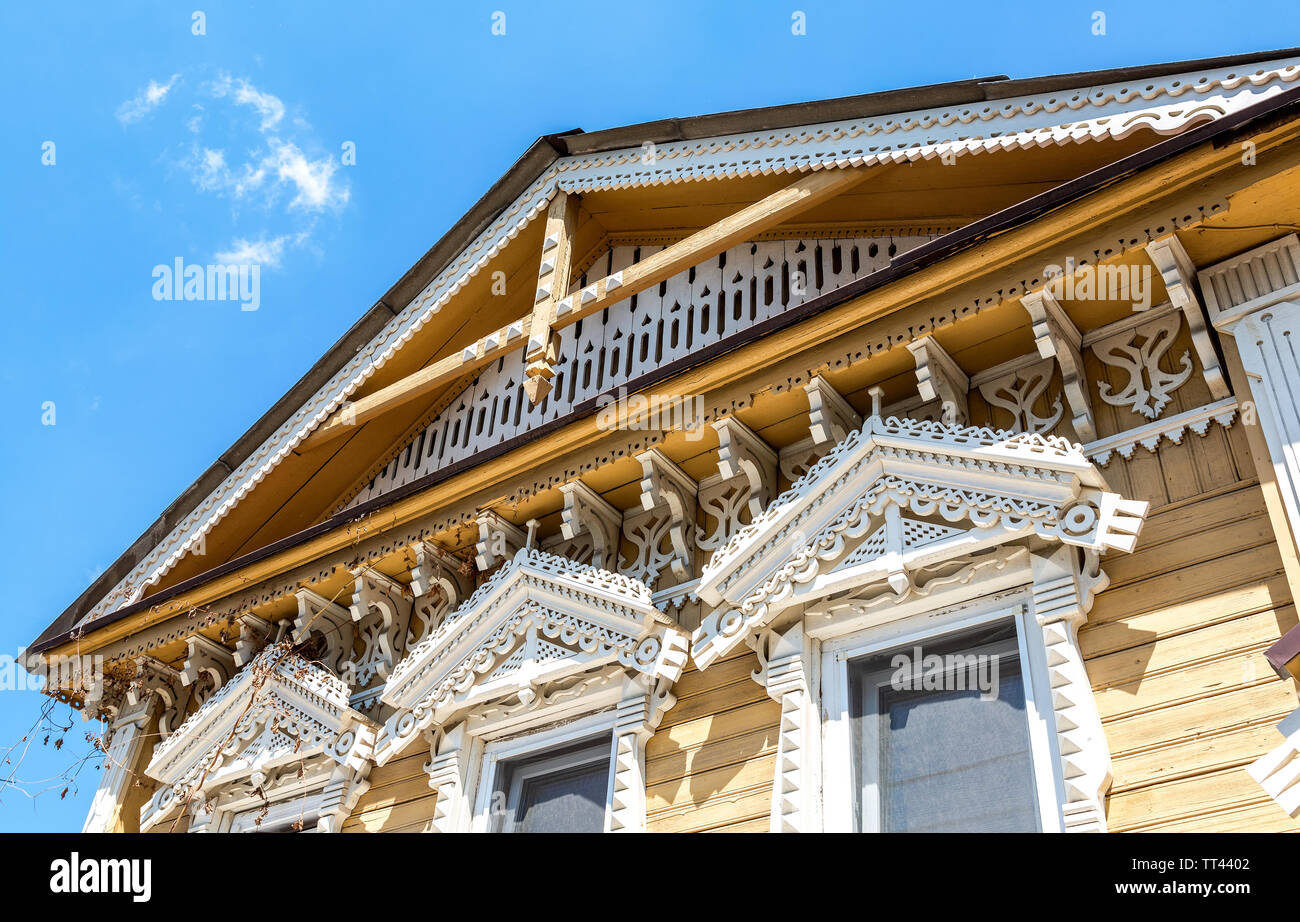 Russian traditional wooden architecture. Facade of an old house ...