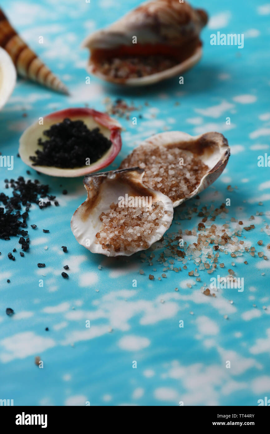 Different sea salt and shells, close up Stock Photo - Alamy