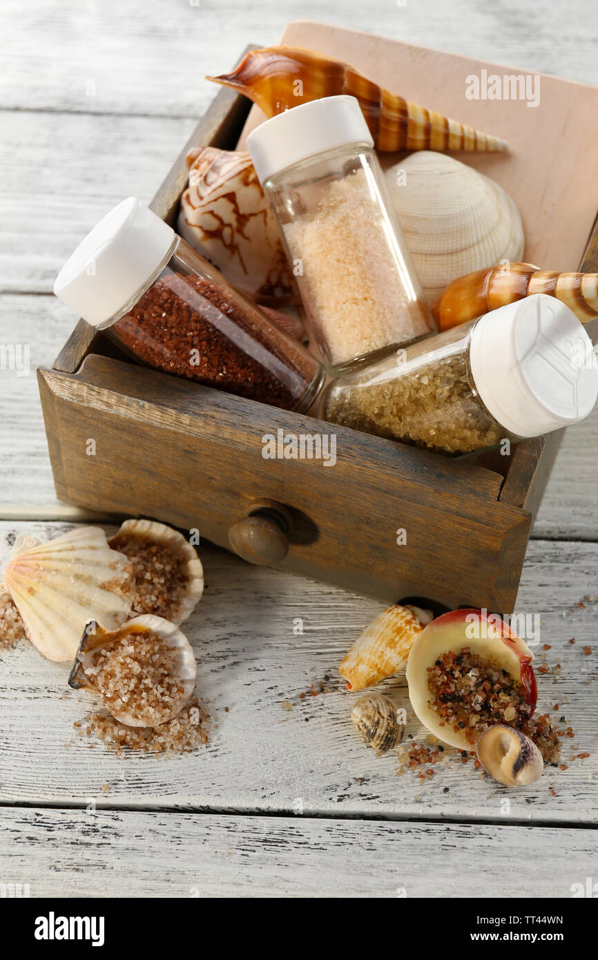 Different sea salt in bottles, close up Stock Photo - Alamy