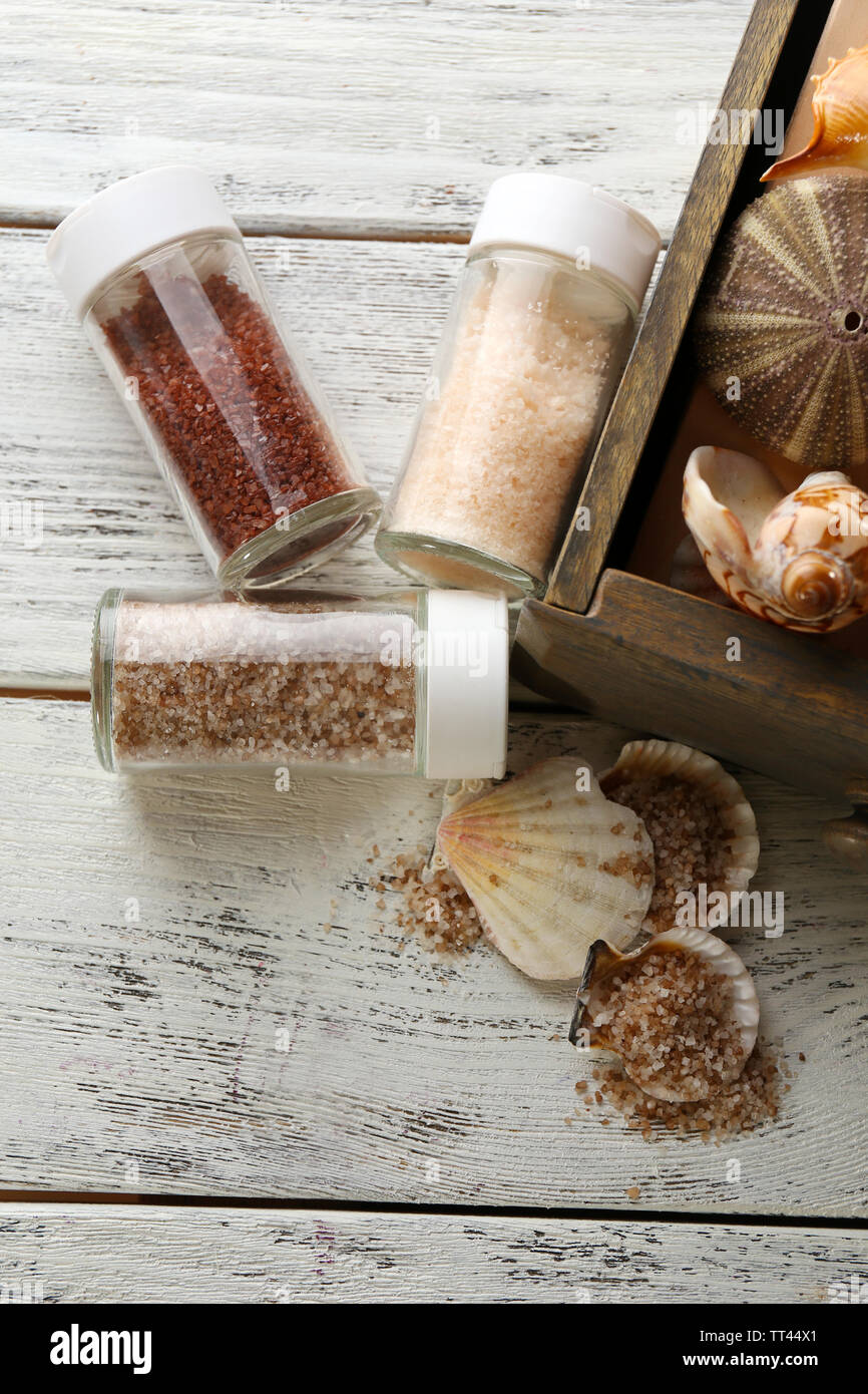 Different sea salt in bottles, close up Stock Photo - Alamy