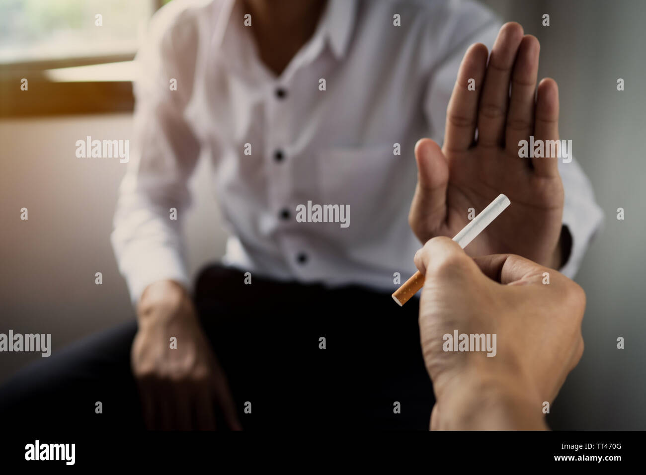 World No Tobacco Day in May, stop smoking concept, young man give ...