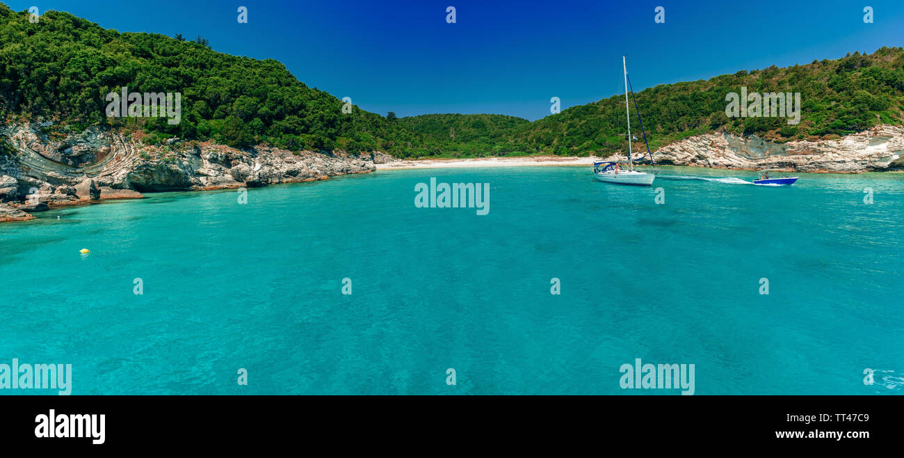 Amazing panoramic view of lagoon with clean blue water and rocky beach ...