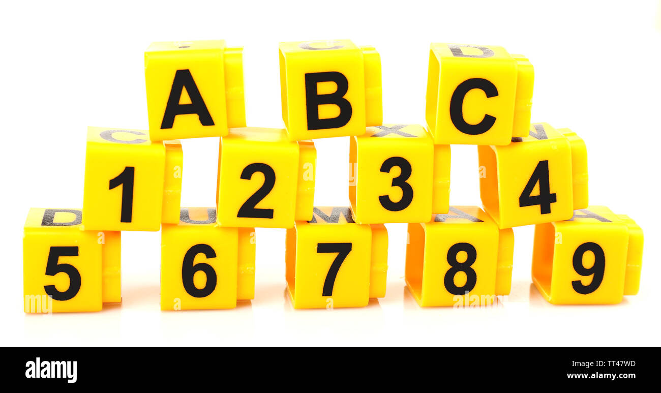 Educational cubes with different numbers and letters isolated on white ...