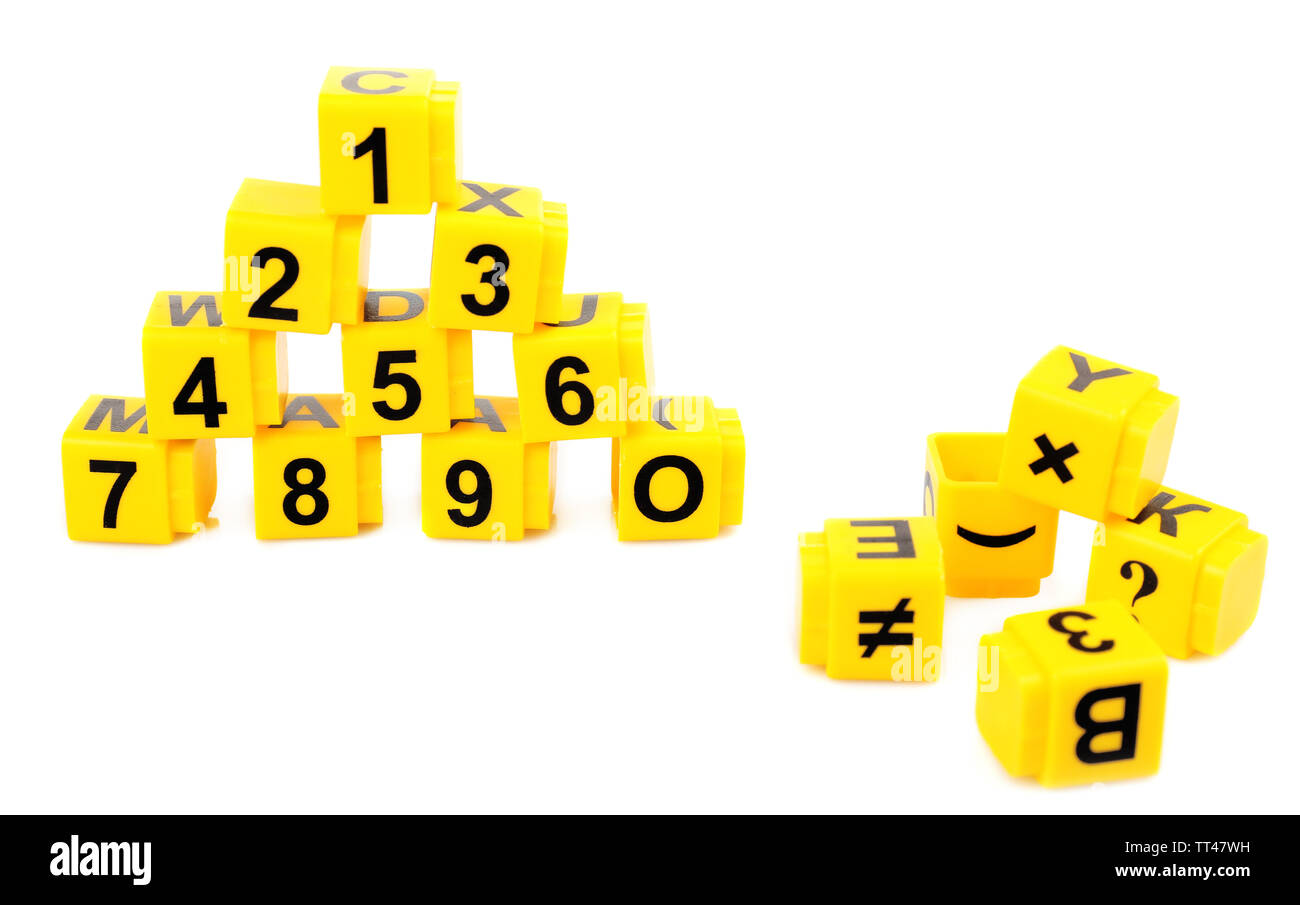 Educational cubes with different numbers and letters isolated on white ...