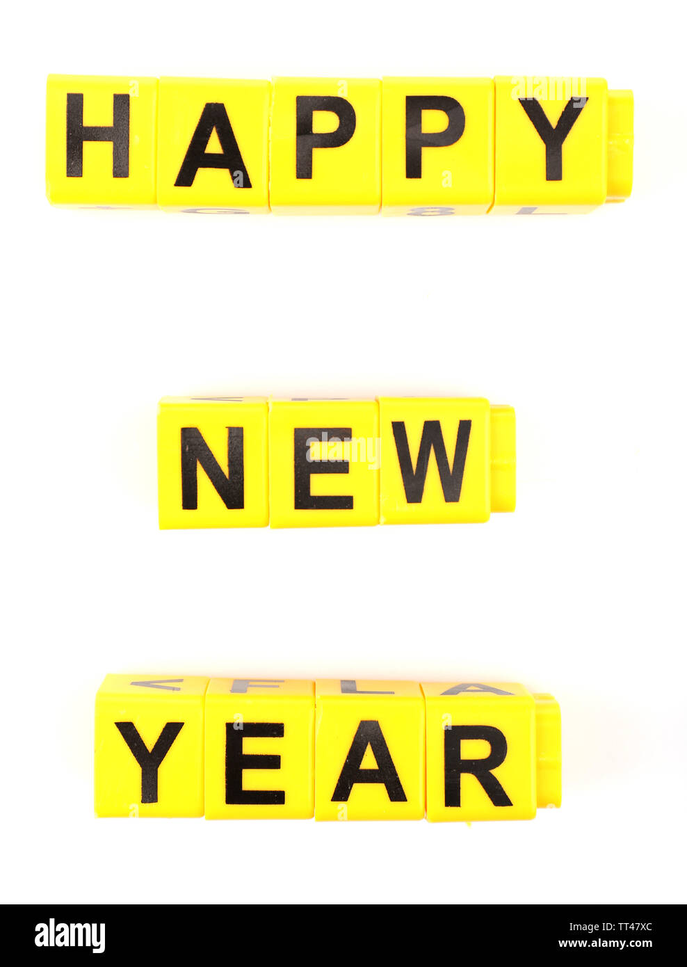 Happy New Year word formed by educational cubes, isolated on white ...