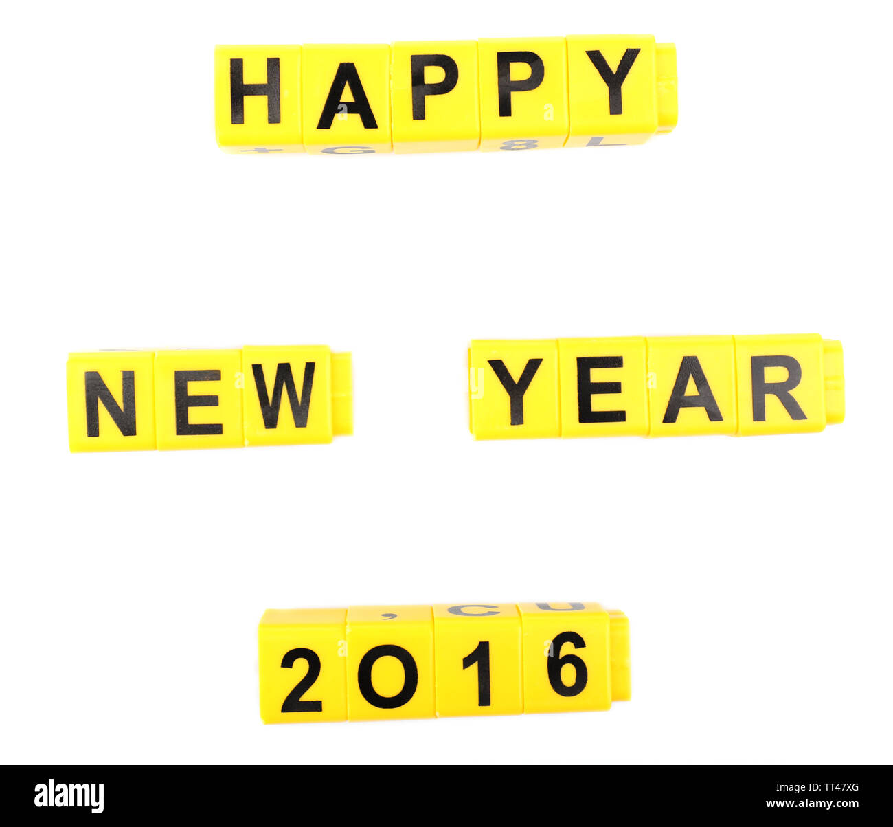 Happy New Year word formed by educational cubes, isolated on white ...