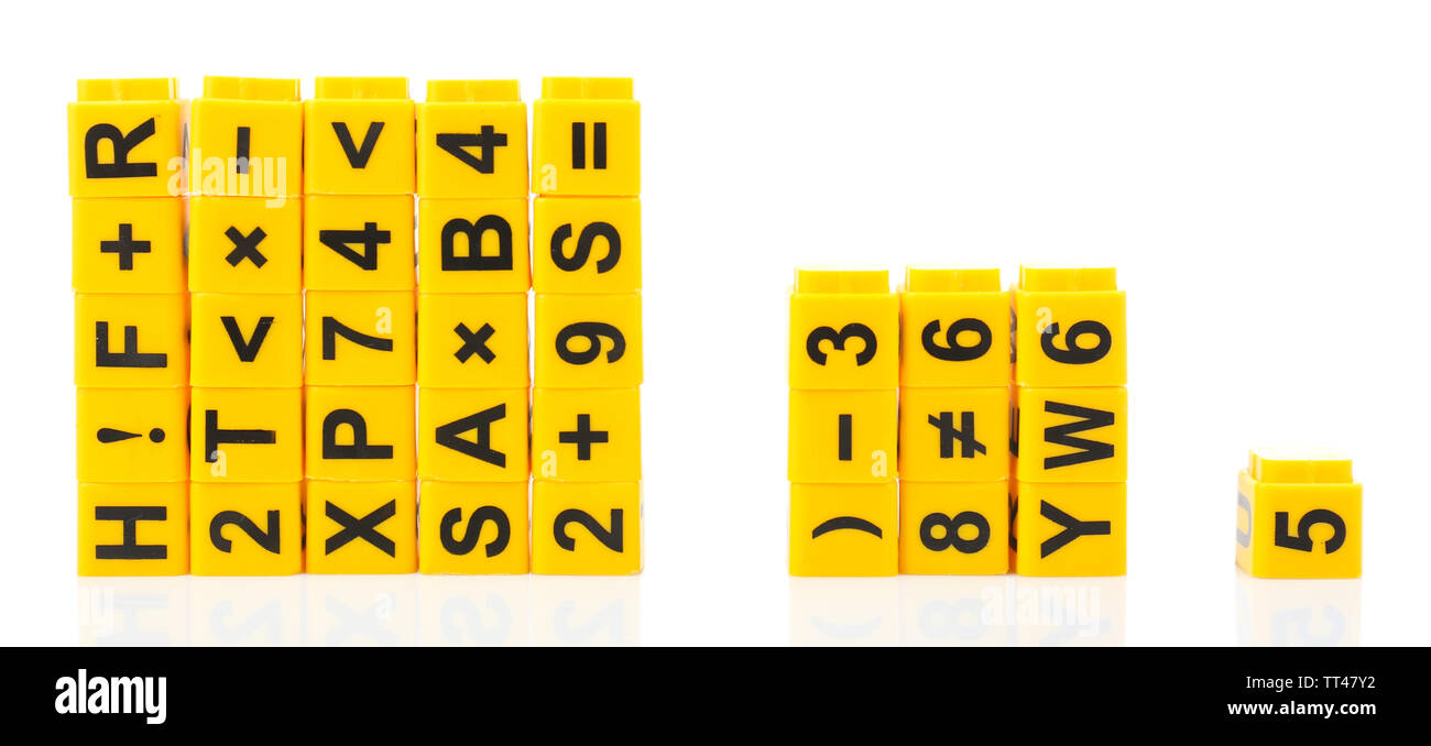 Educational cubes with different numbers and letters isolated on white ...