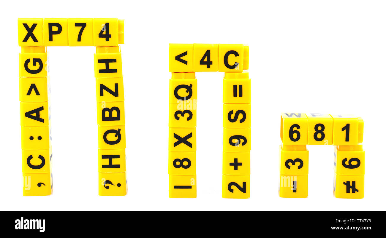 Educational cubes with different numbers and letters isolated on white ...
