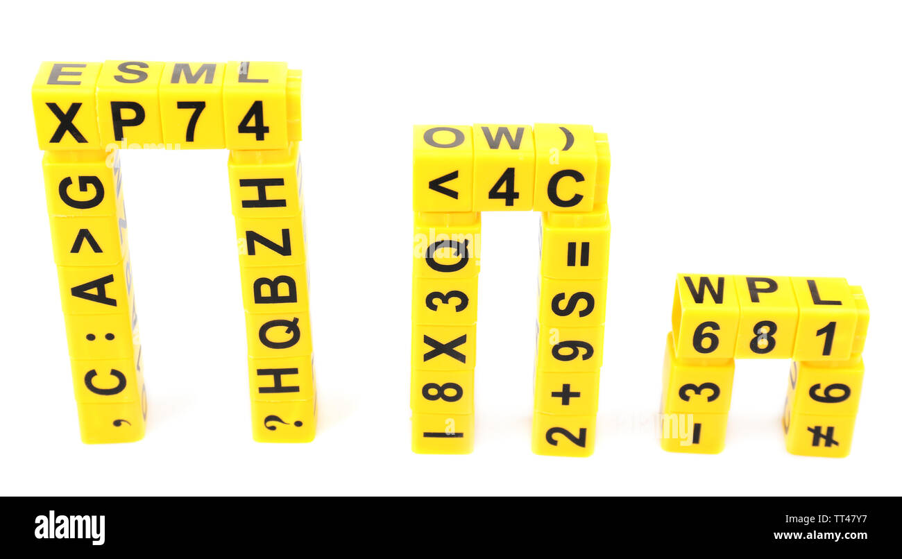 Educational cubes with different numbers and letters isolated on white ...