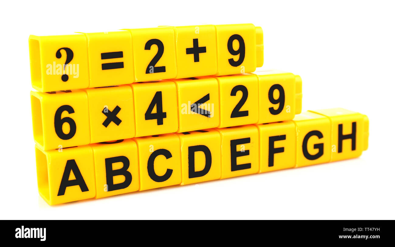 Educational cubes with different numbers and letters isolated on white ...