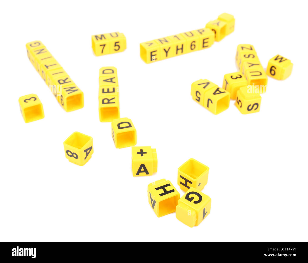 Educational cubes with different numbers and letters isolated on white ...
