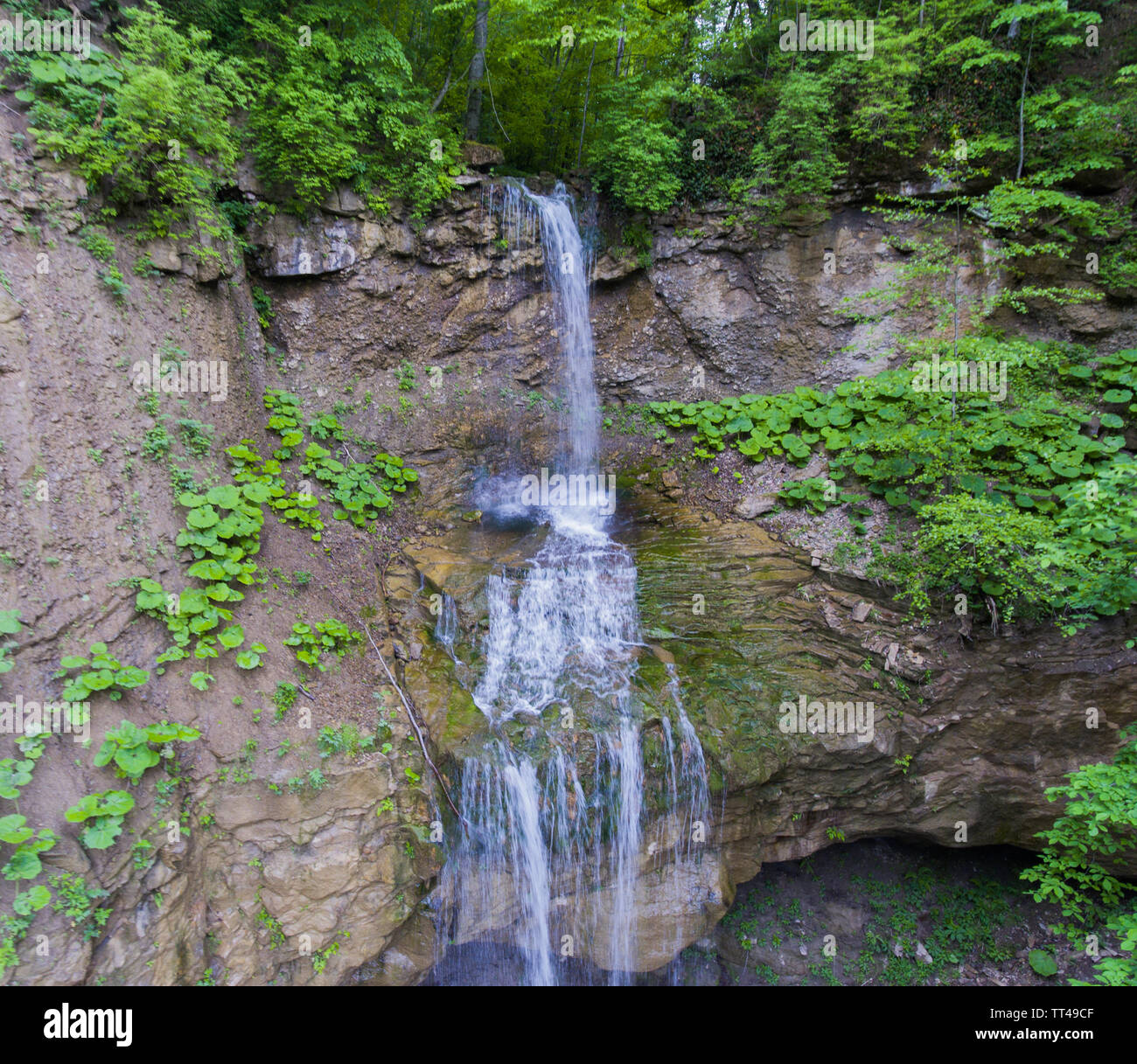 The mountain cascades of the waterfall. Aerial view. Drone photo Stock ...