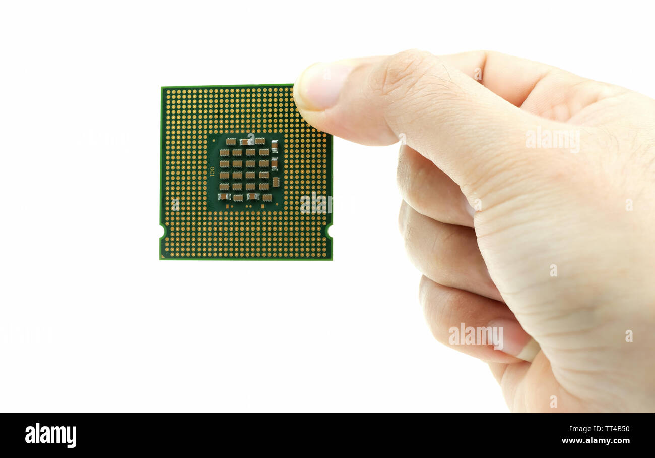 Realistic CPU back view processor chip in hand Stock Photo - Alamy