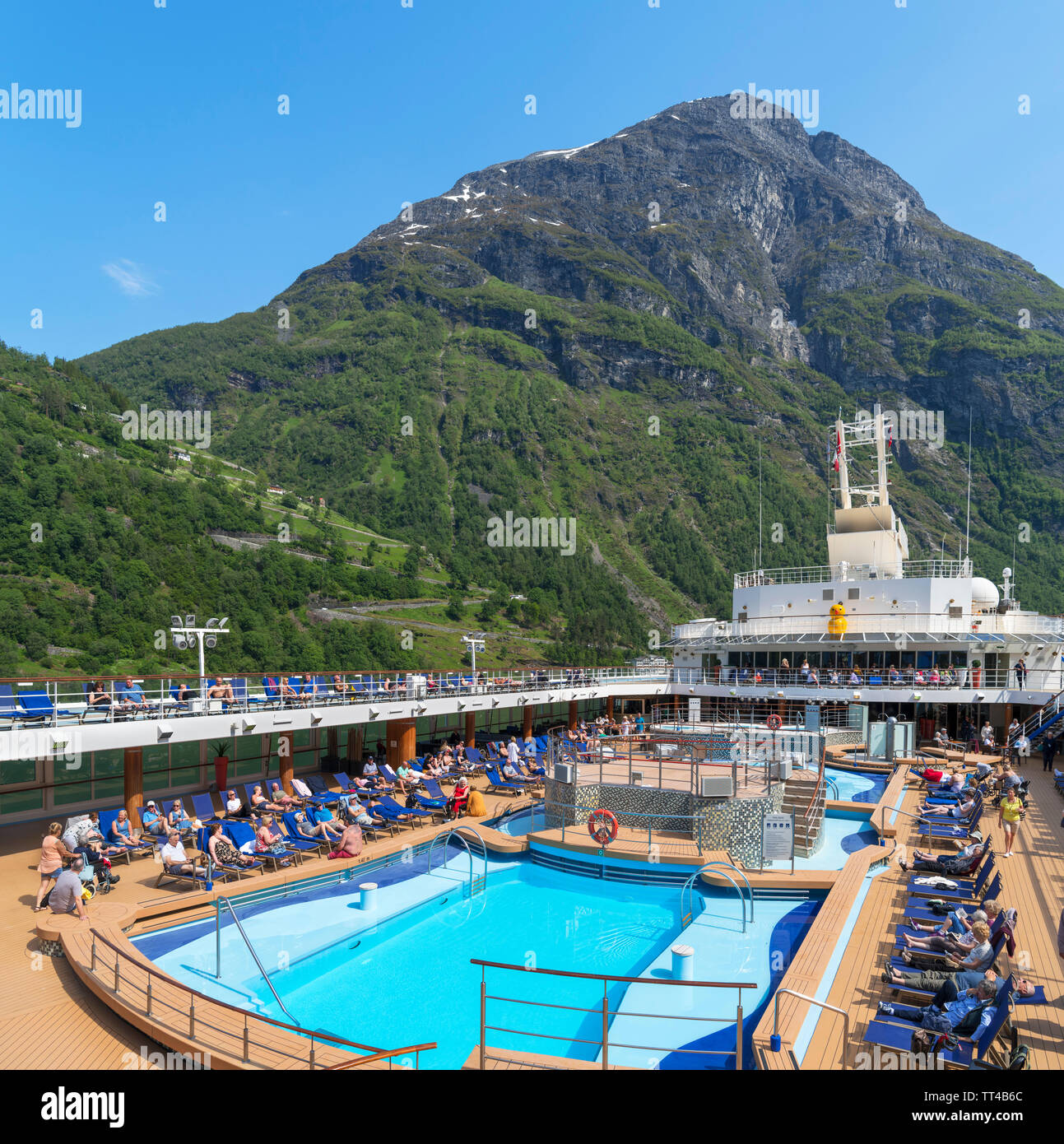 Swimming pool on the TUI cruise ship Marella Explorer in the harbour at ...