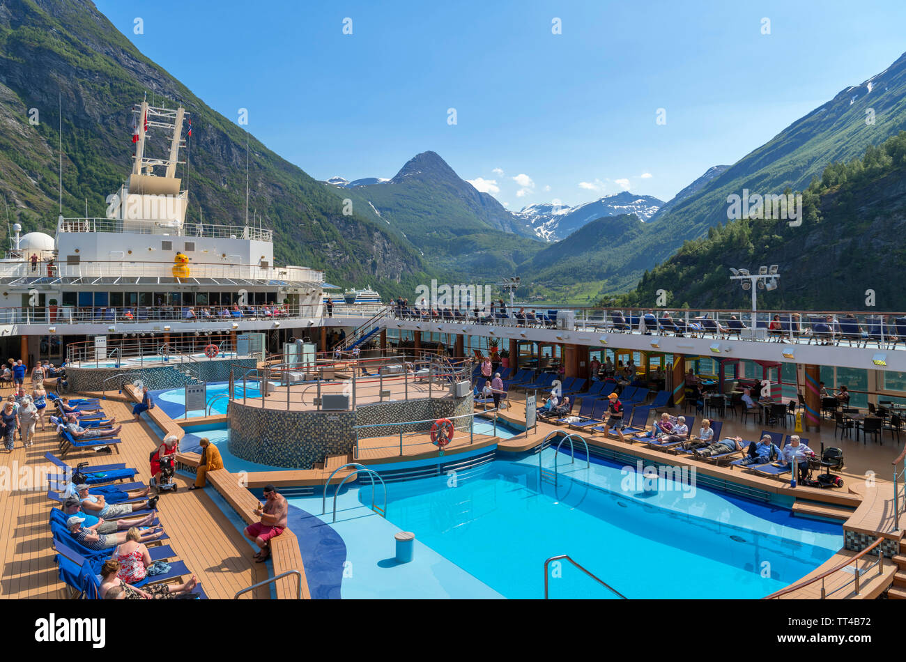 Swimming pool on the TUI cruise ship Marella Explorer in the harbour at ...