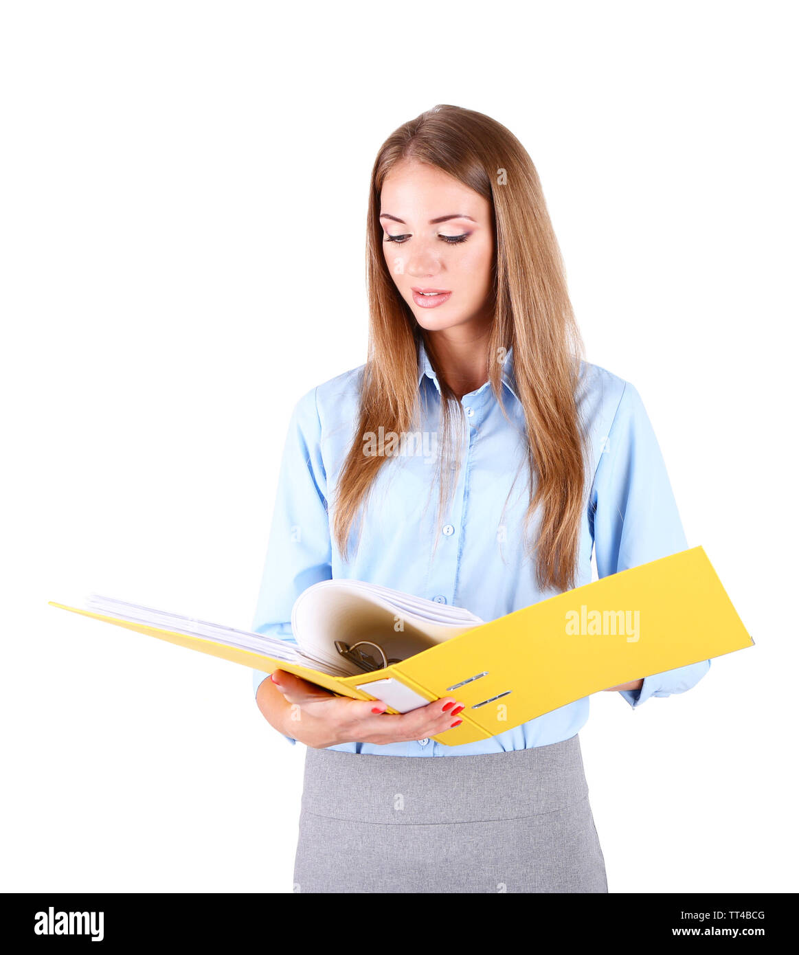 Business woman holding folder, isolated on white Stock Photo - Alamy