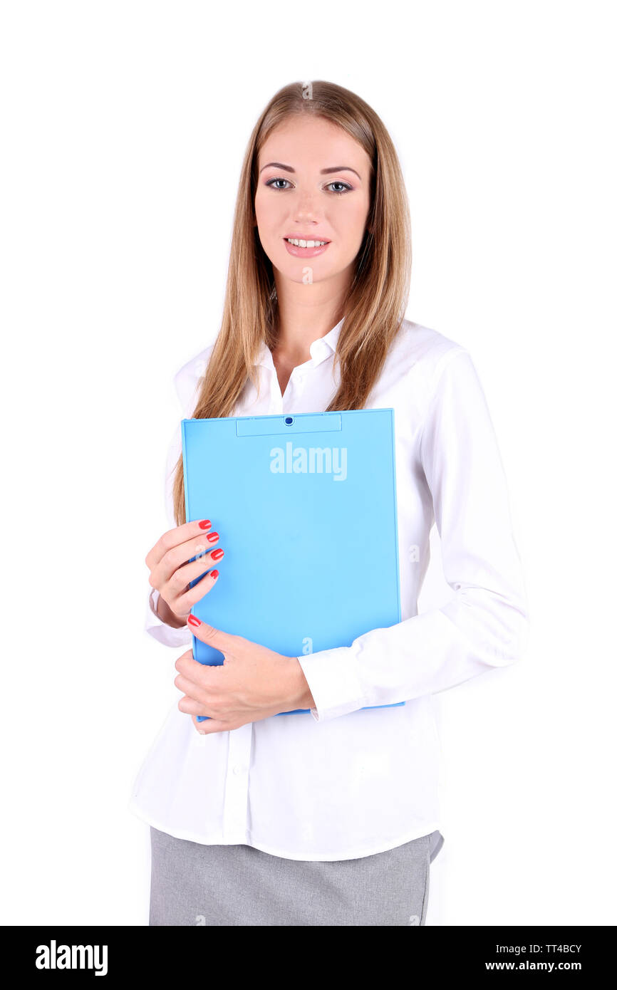 Business woman holding folder, isolated on white Stock Photo - Alamy