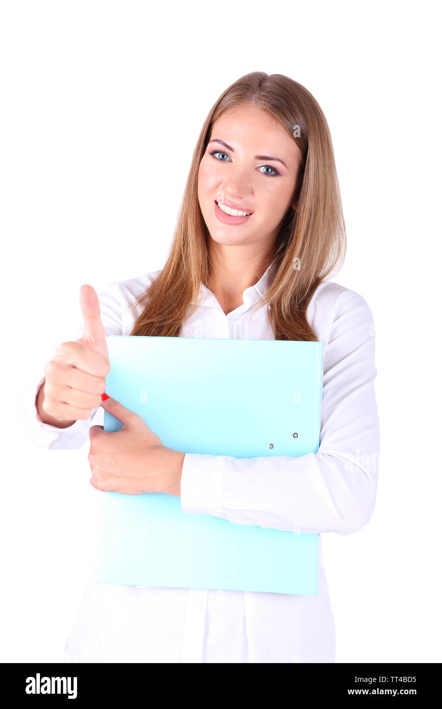 Business woman holding folder, isolated on white Stock Photo - Alamy