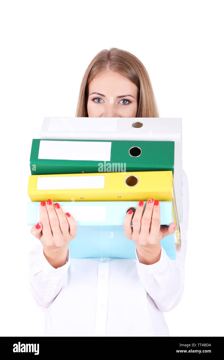 Business woman holding folders, isolated on white Stock Photo - Alamy