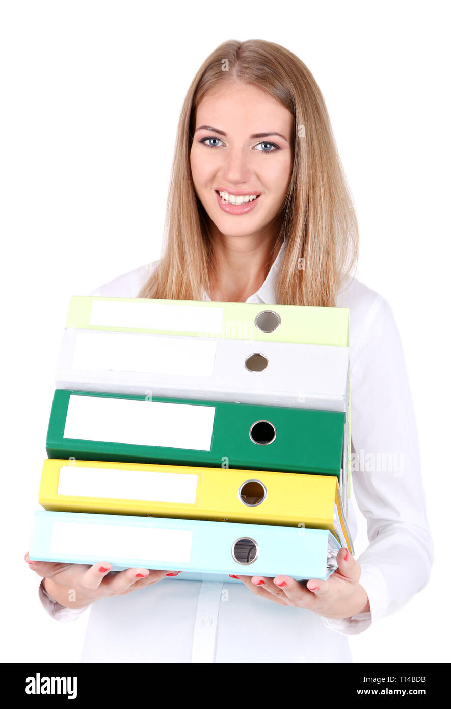 Business woman holding folders, isolated on white Stock Photo - Alamy