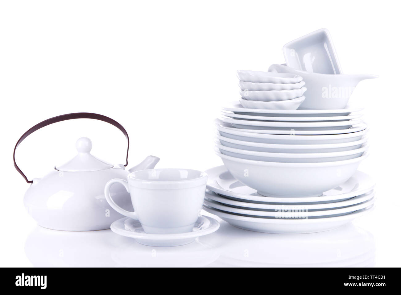 White crockery and kitchen utensils, isolated on white Stock Photo - Alamy