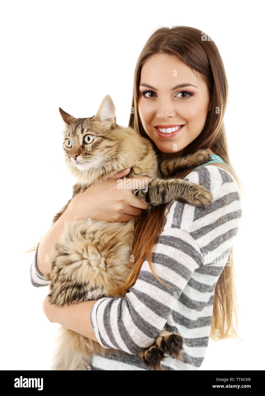 Beautiful young woman holding cat isolated on white Stock Photo - Alamy