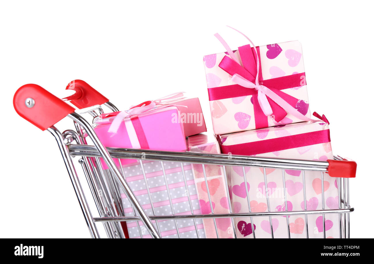 Many present boxes in shopping cart isolated on white Stock Photo - Alamy