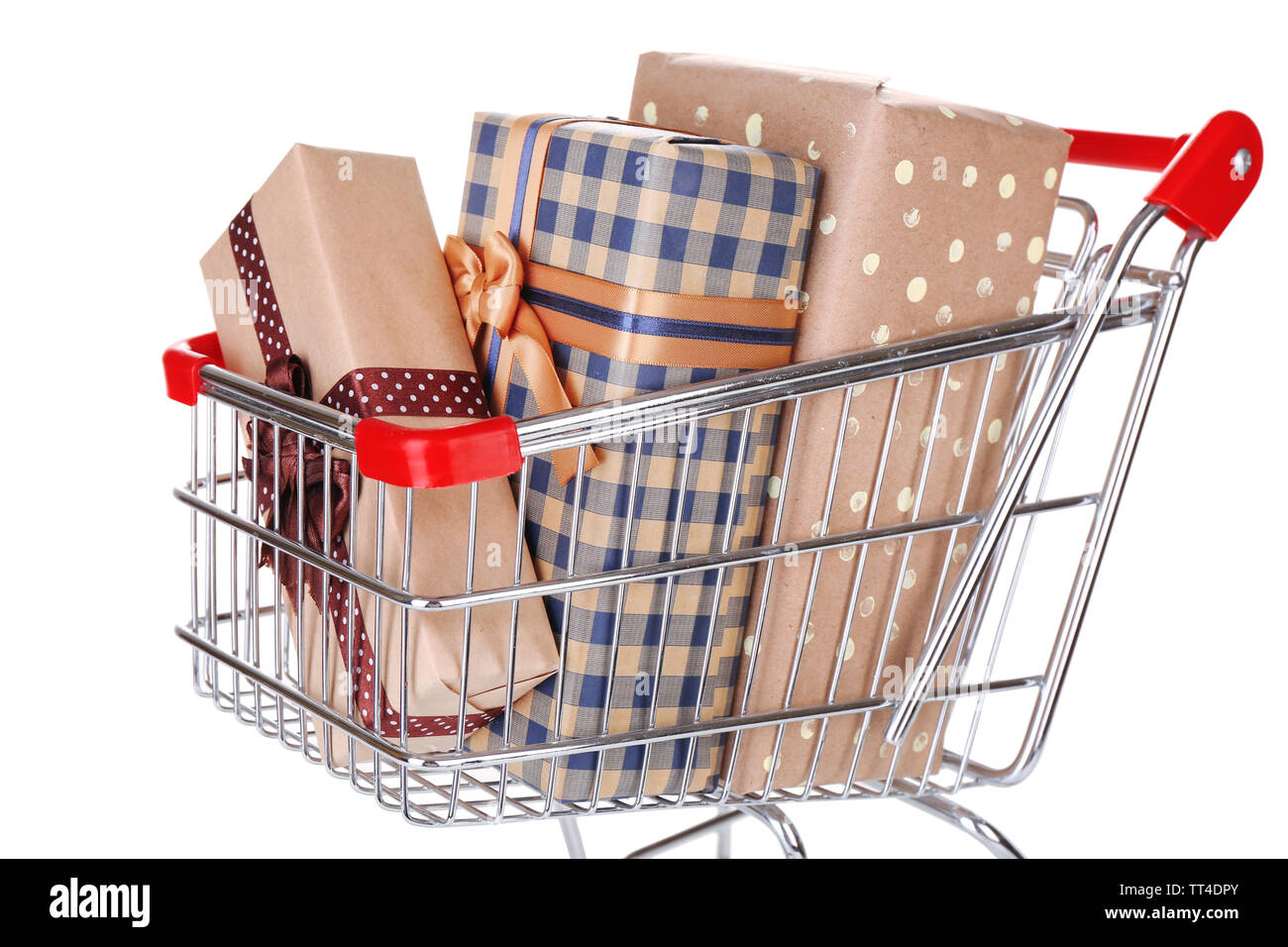 Many present boxes in shopping cart isolated on white Stock Photo - Alamy